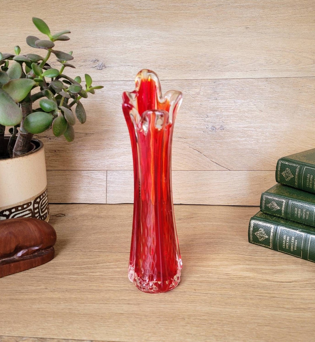 Vintage Glass Fingers Vase Japan, Retro Tajima / Oread ? Ruby Red Swung ...