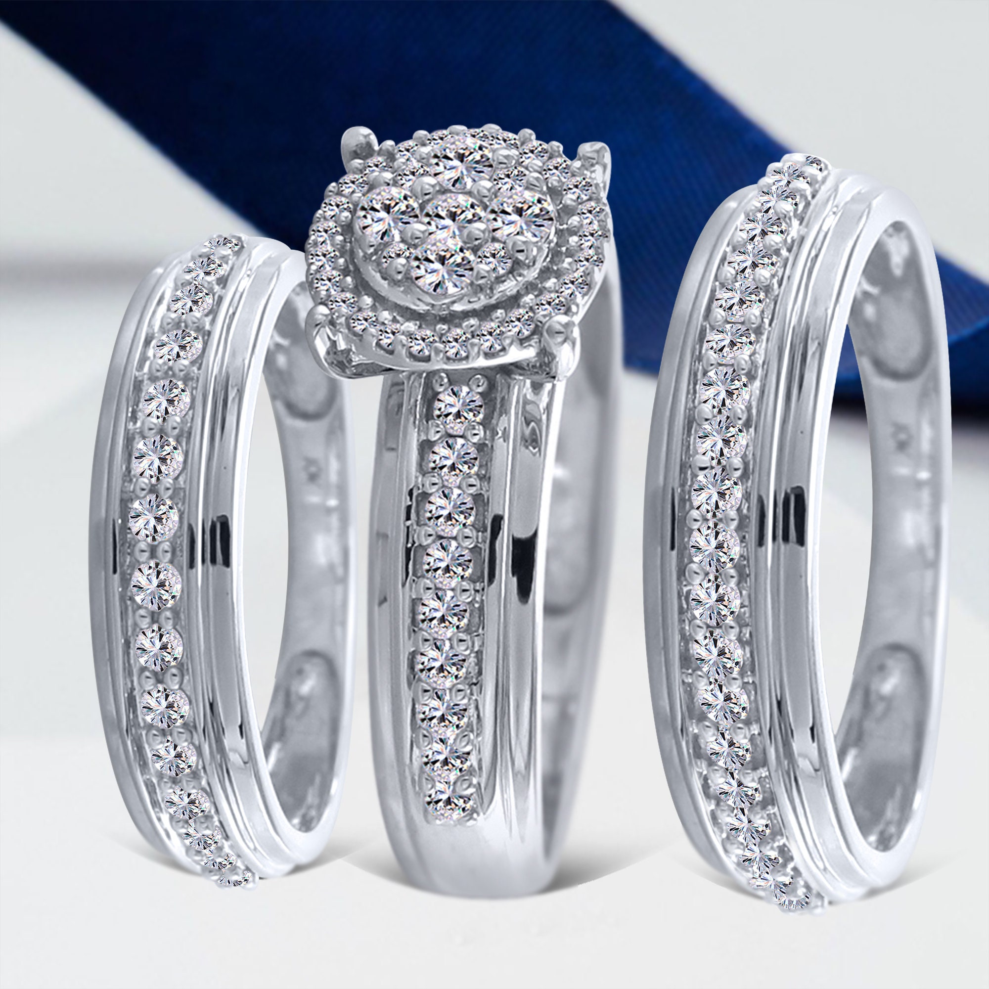 Trio Ring Set 1.00 Ct Natural Diamond 10K White / Yellow Gold | Etsy