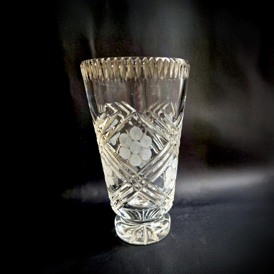 Vintage Julia Glassworks Crystal Vase: Floral Cut Glass, Polish 1980s ...