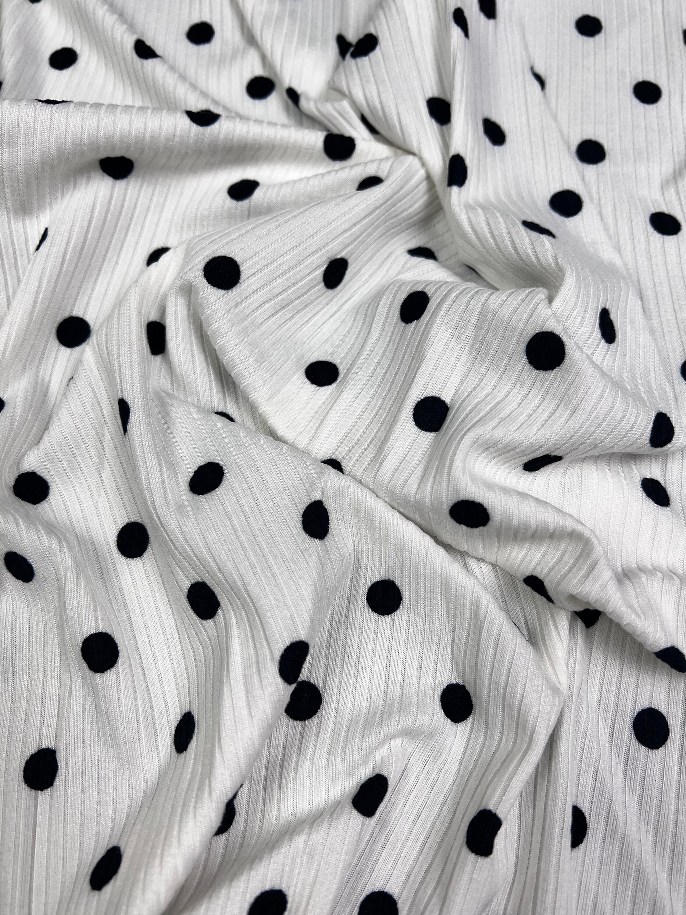 Ribbed Knit Fabric, White/black Polka Dot Print, 4x2 Rib, Poly Spandex ...