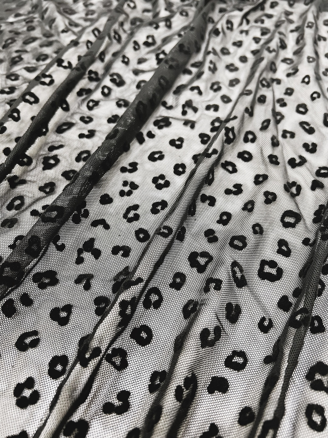 Mesh, Knit Fabric, Flocked Black Leopard Print, 90/10 Poly Spandex, , 2 ...