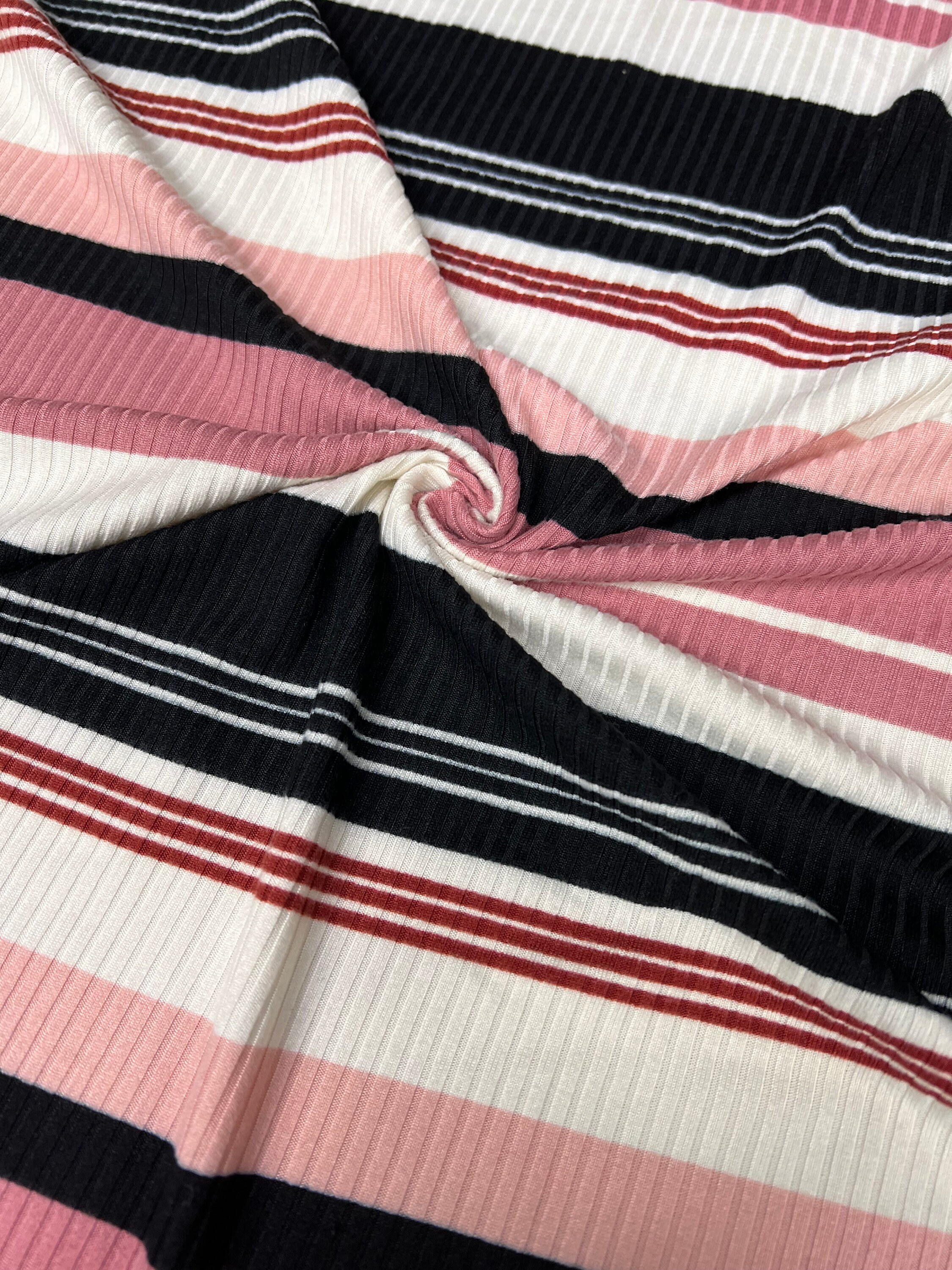 Rib Knit Fabric: Variegated Stripes, Pink/burgundy/black/cream, 180 GSM ...