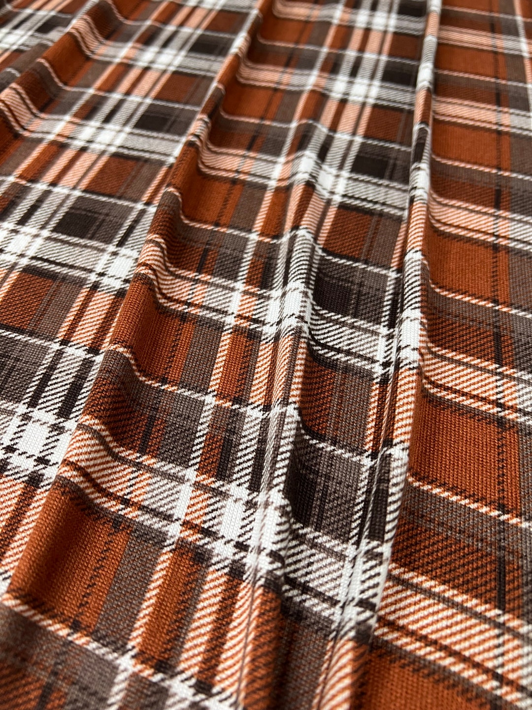 Super Soft Hacci Sweater Knit, Warm Browns and Ivory Plaid Print ...