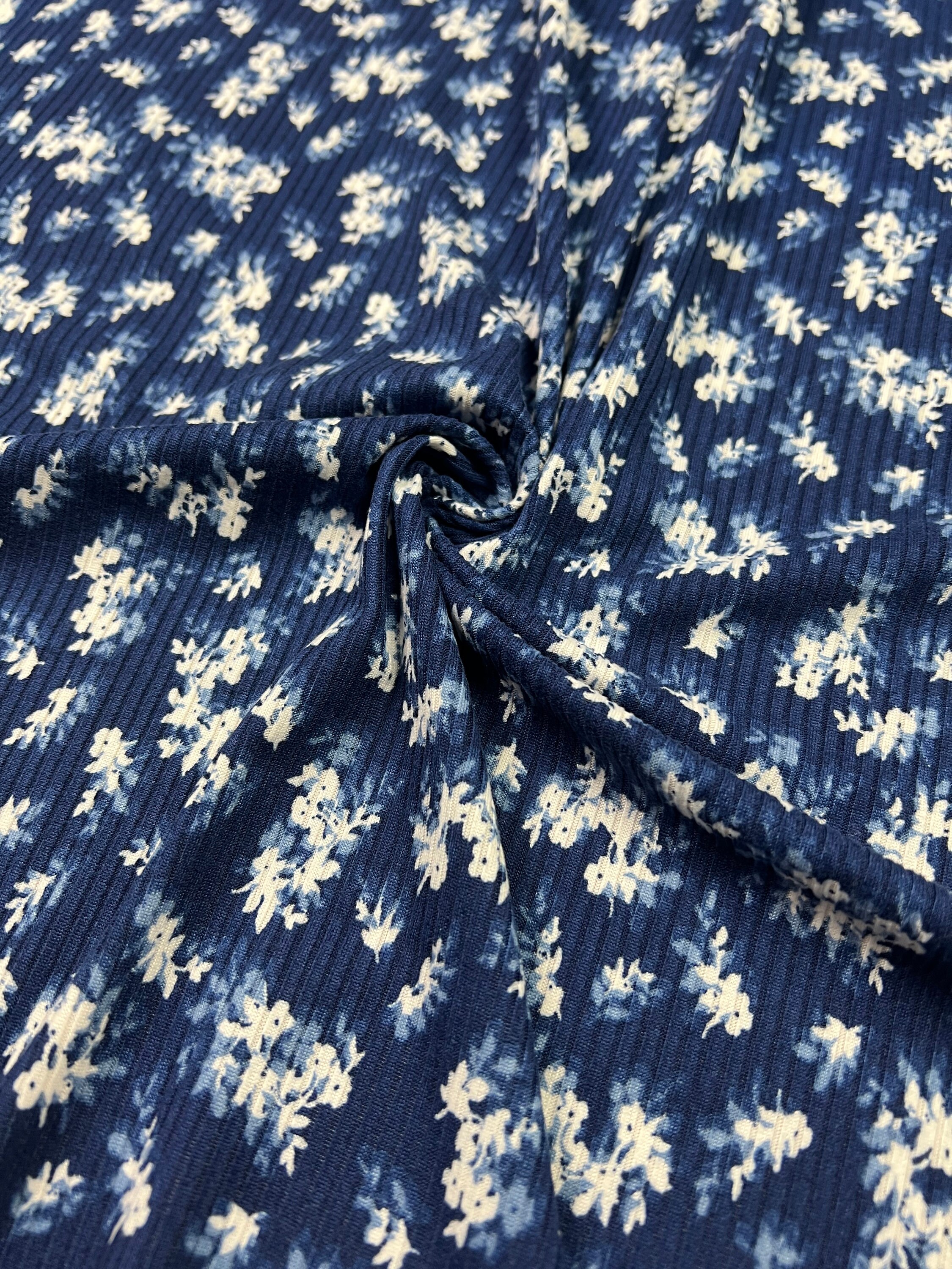 Ribbed Knit Fabric White and Blue Floral Print W/ Navy Base - Etsy