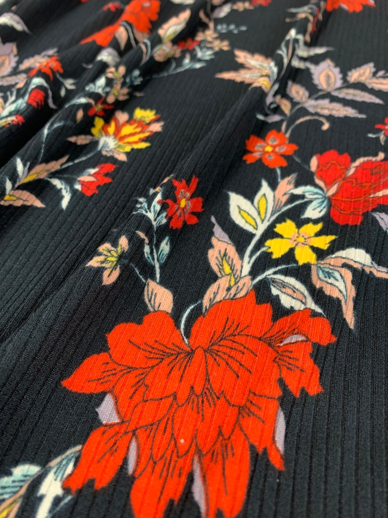 Rib Knit Fabric Red/black Floral Poly Spandex Blend Fabric | Etsy