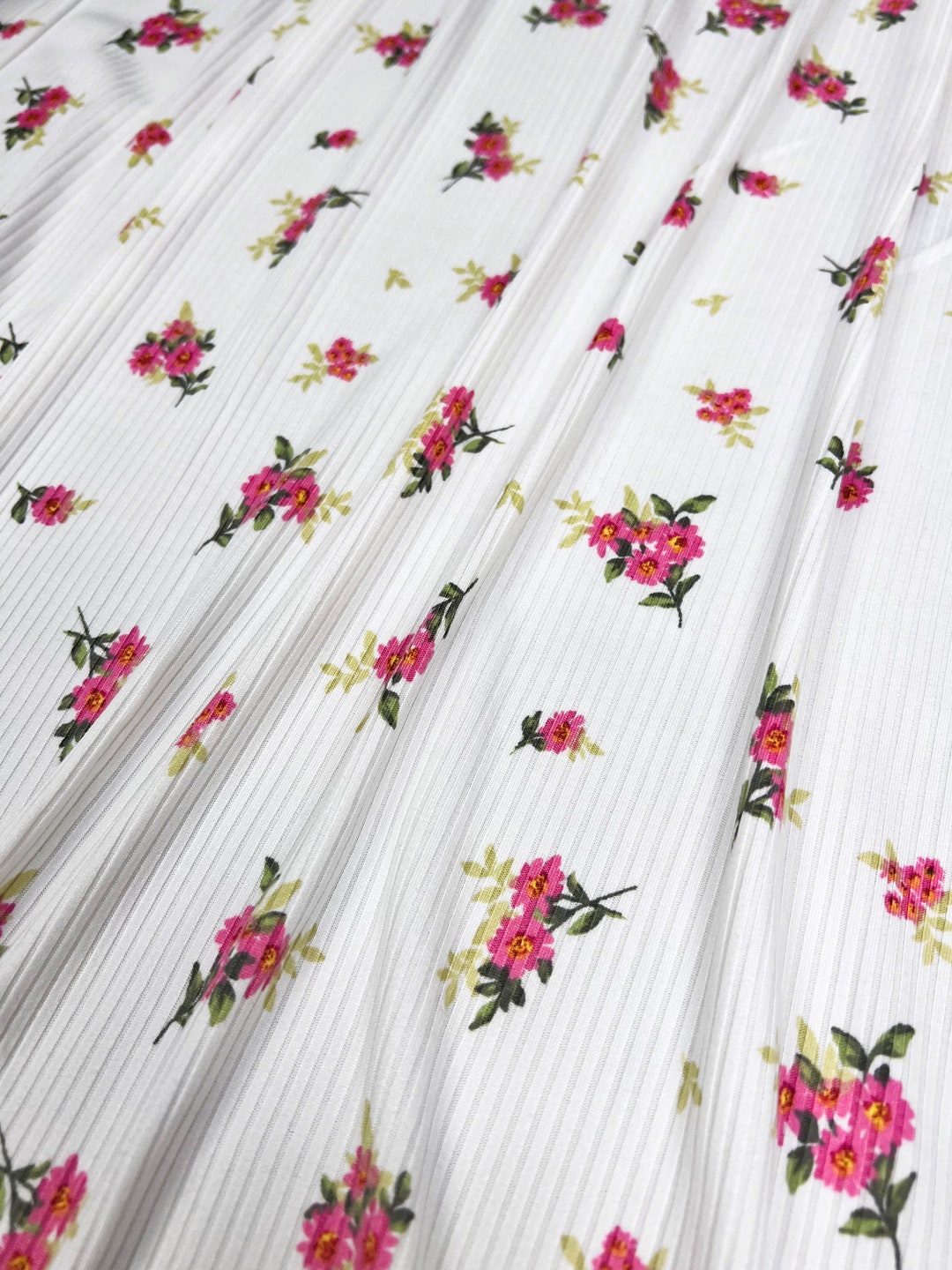 Rib Knit Fabric, Ditsy Pink and Green Floral Print W/ Ivory Base, 4x2 ...