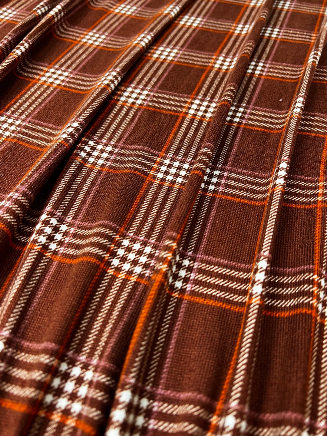 Super Soft Hacci Sweater Knit, Warm Plaid Print, Rust Base With Orange ...