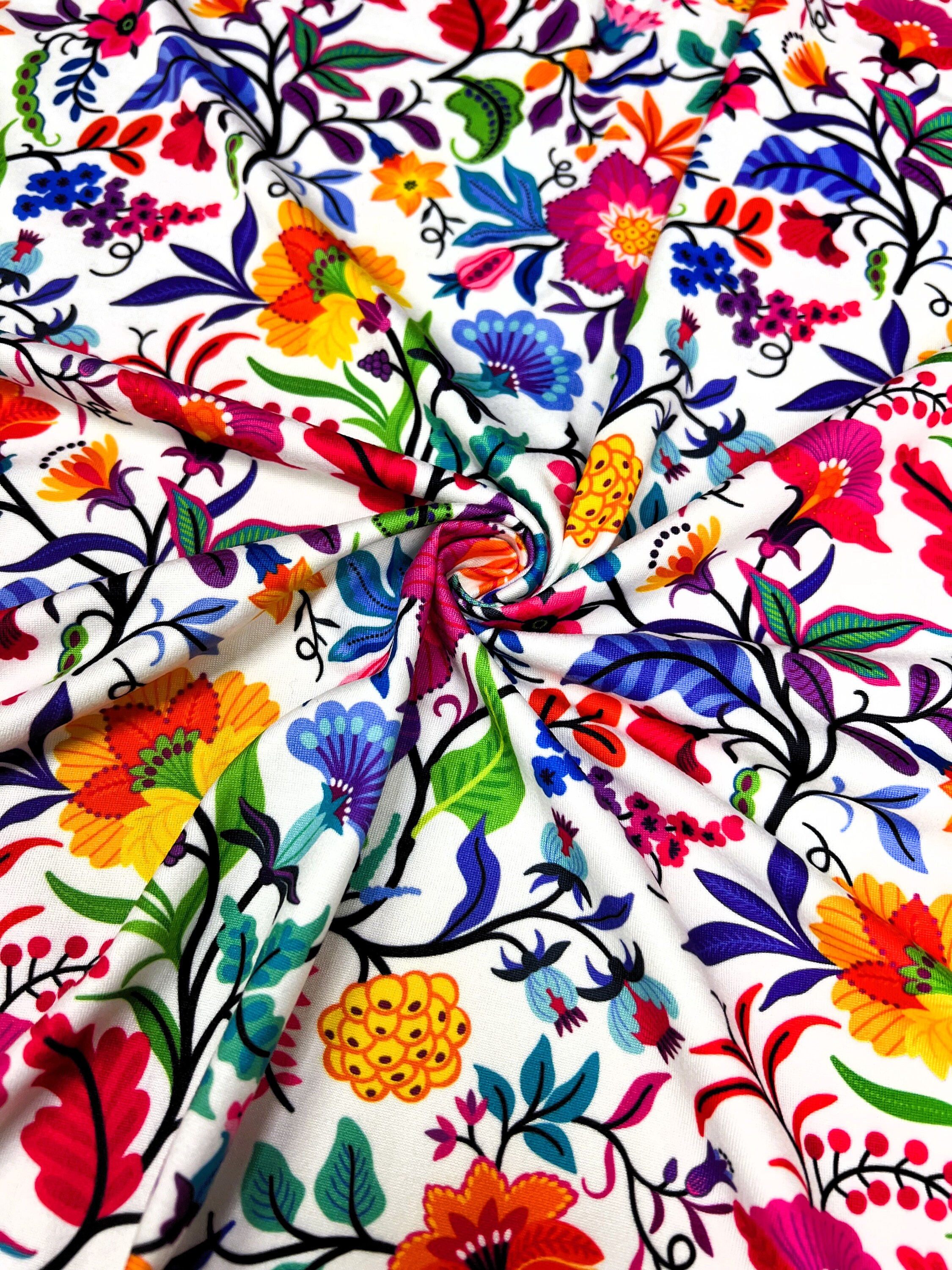 Double Brushed Poly, DBP Fabric, Bright Rainbow Colored Floral Print W ...