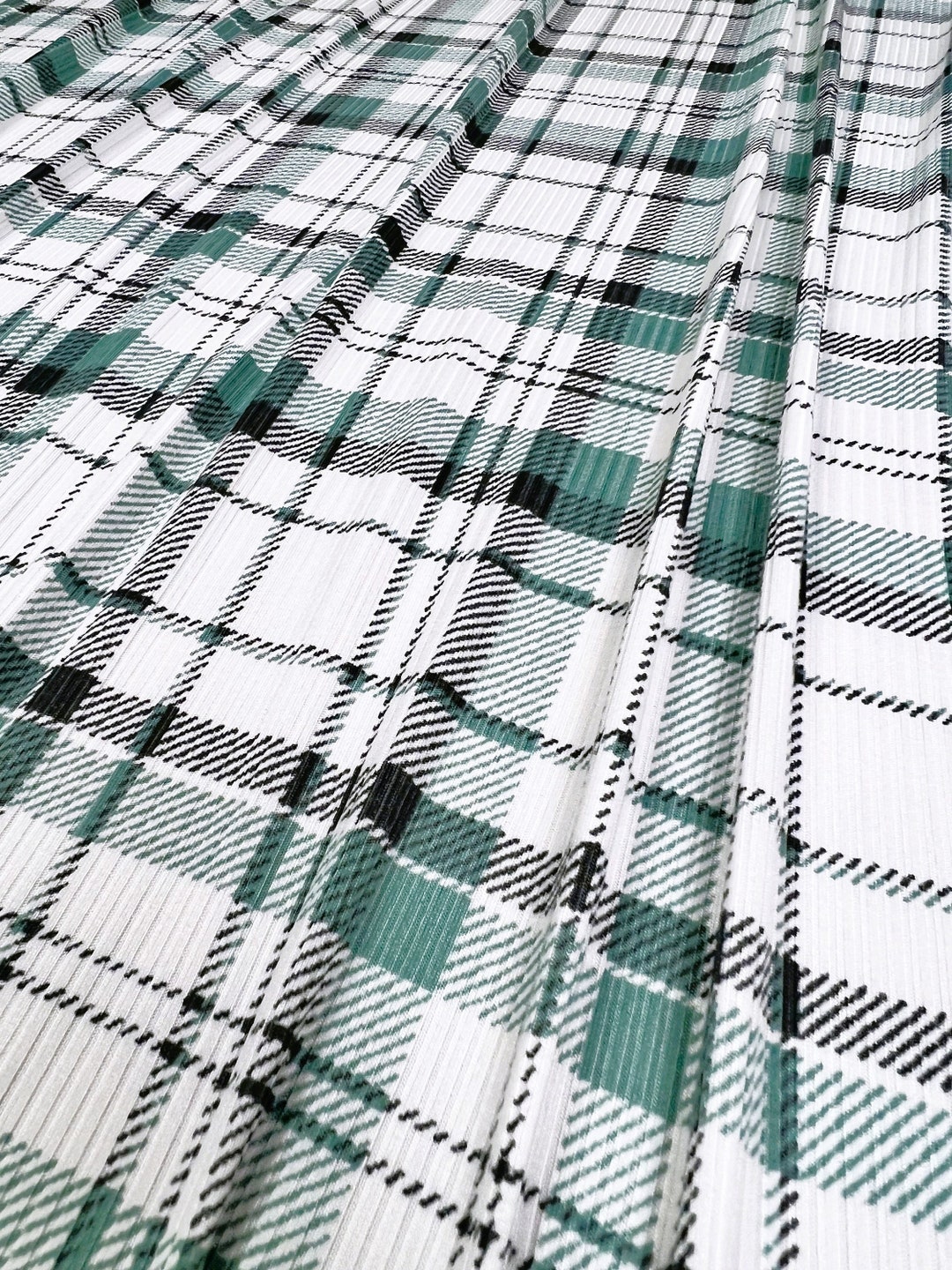 Ribbed Knit Fabric, Sage/white/charcoal Plaid Print, Poly Spandex Blend ...