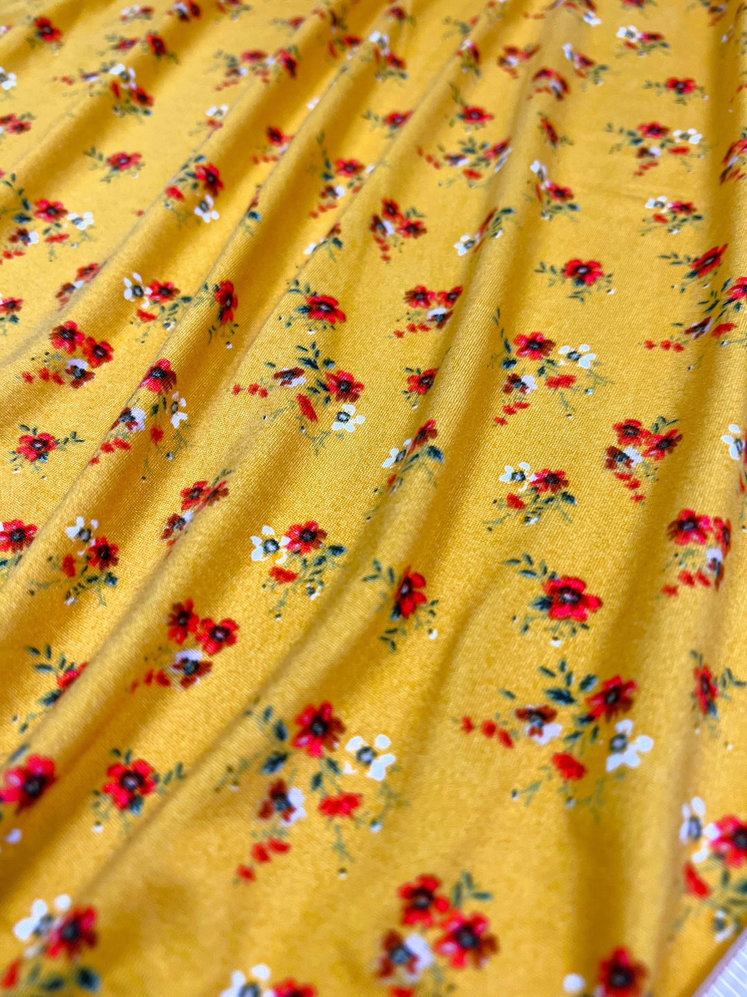 Double Brushed Poly, Orange/white Ditsy Floral W/ Mustard Base, Poly ...