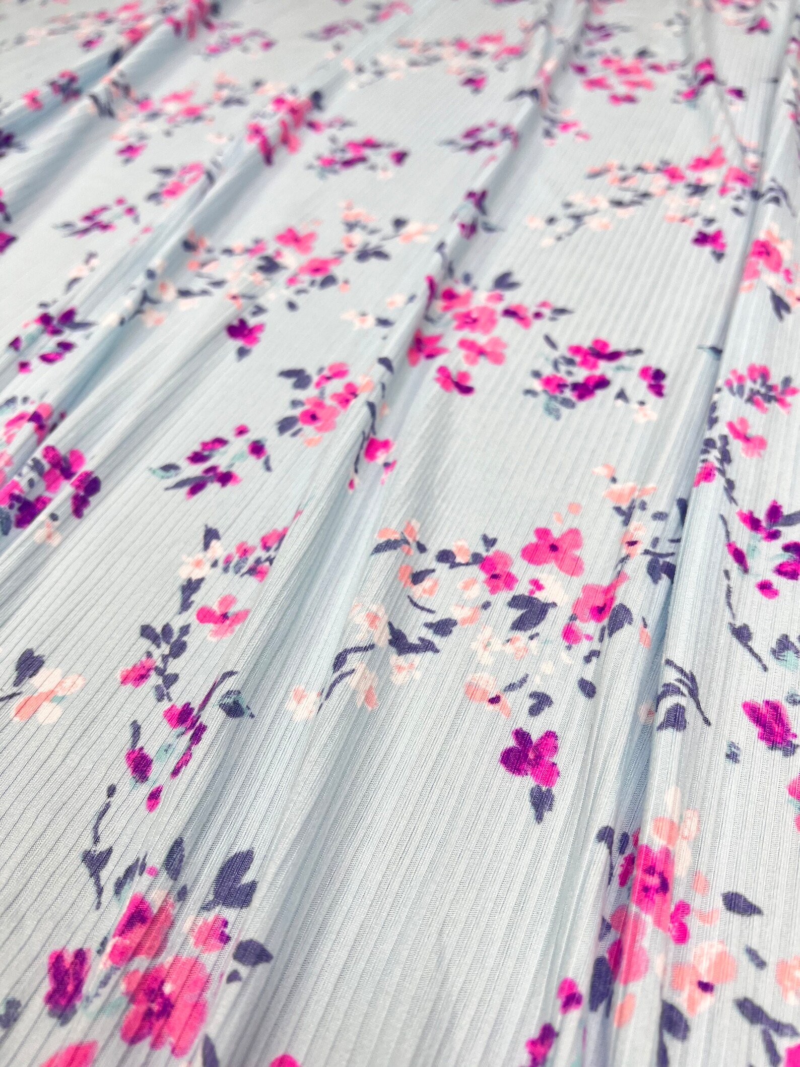 Rib Knit Fabric, Ditsy Pink/purple Floral Print W/ Light Blue Base, 4x2 ...