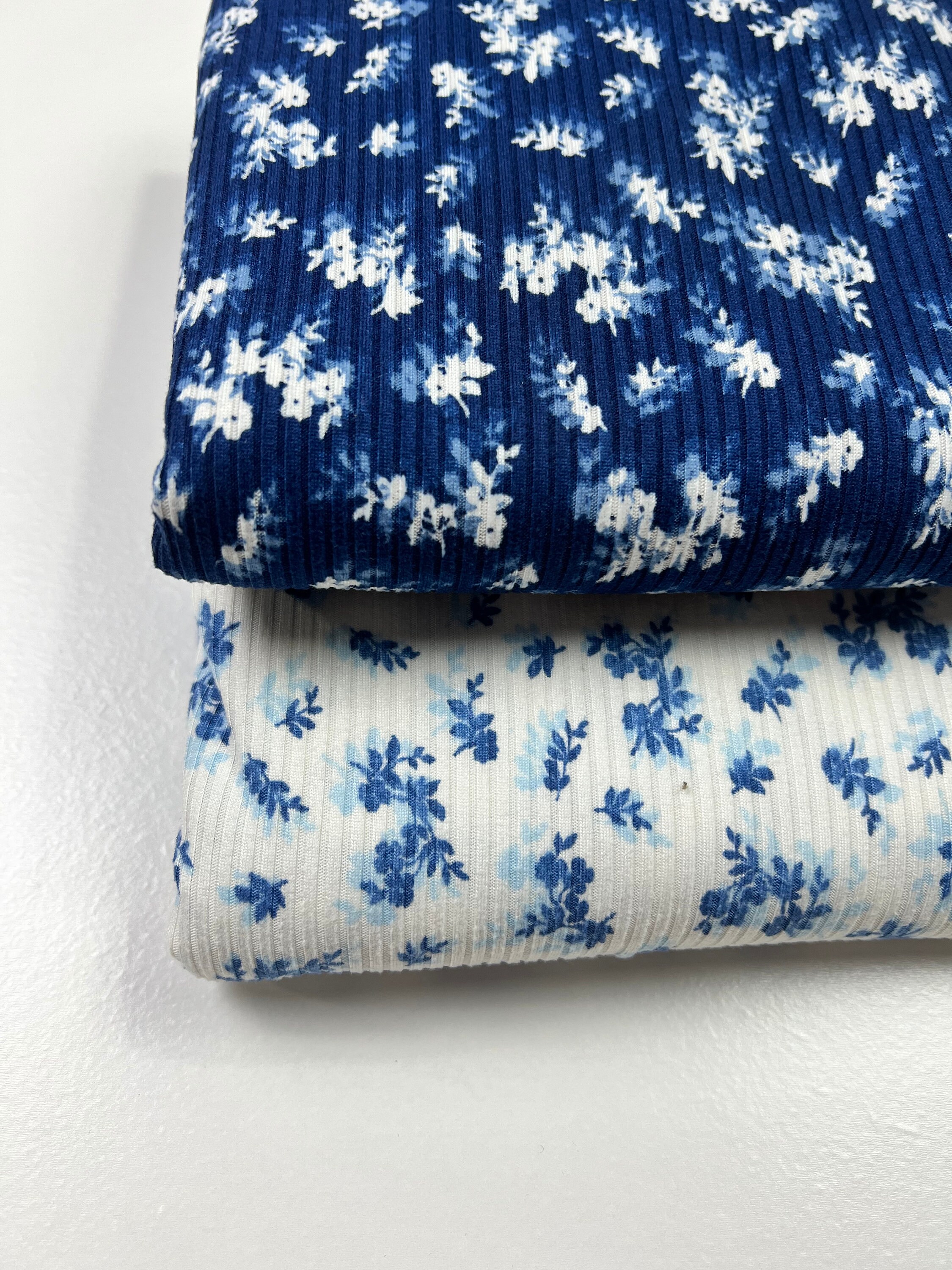 Ribbed Knit Fabric White and Blue Floral Print W/ Navy Base - Etsy