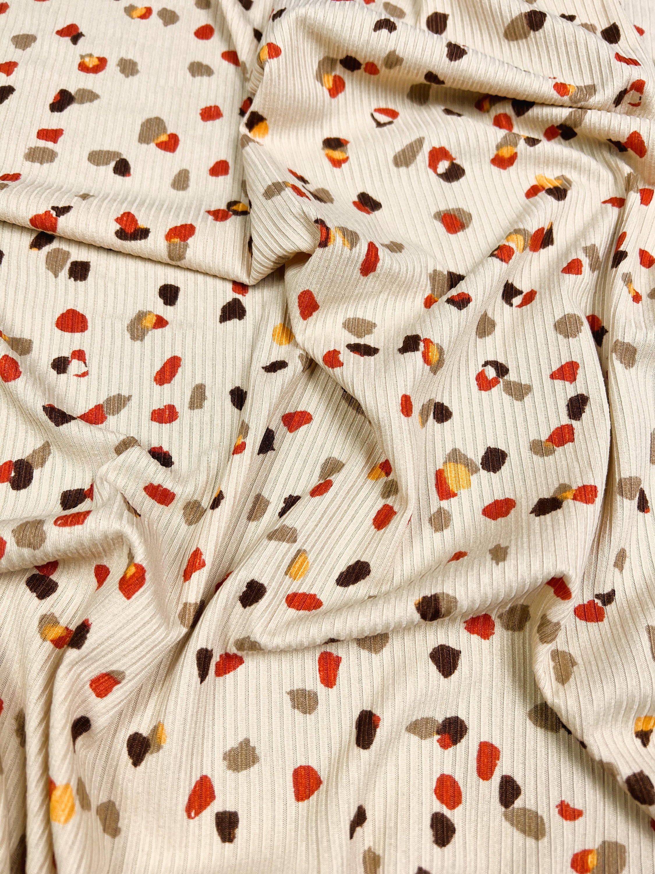 Rib Knit Fabric, Orange/brown/yellow Abstract Polka Dot Print W/ Tan ...