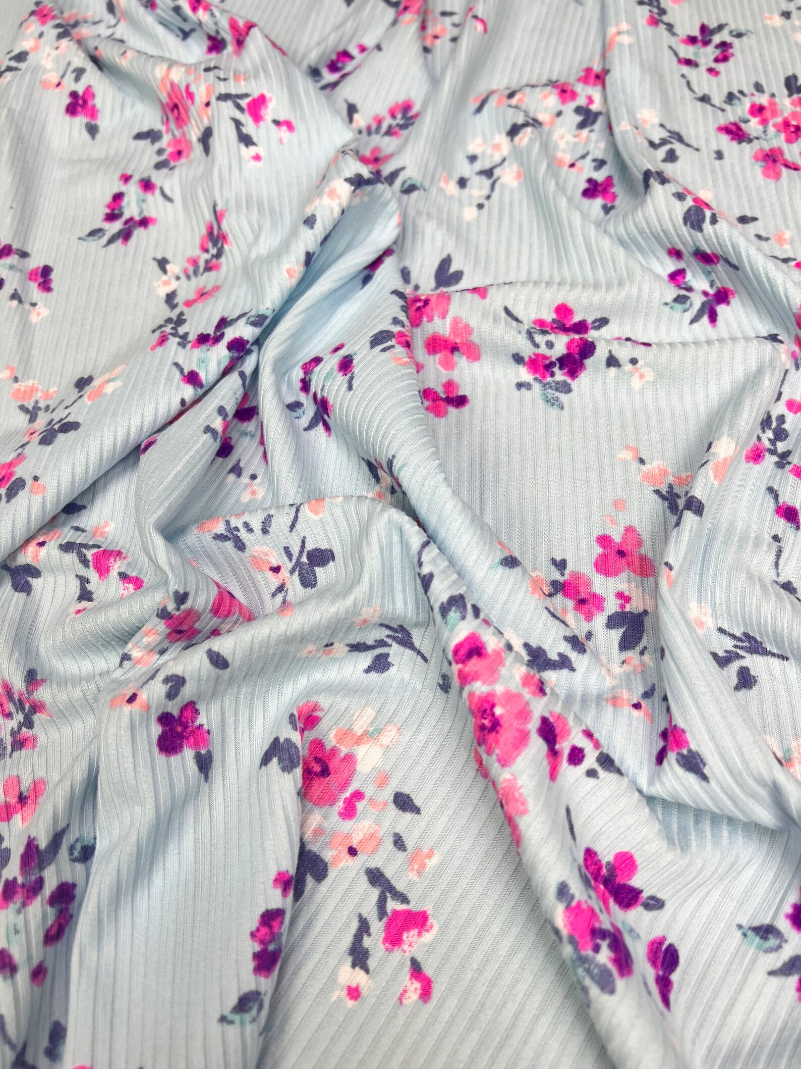 Rib Knit Fabric, Ditsy Pink/purple Floral Print W/ Light Blue Base, 4x2 ...
