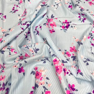 Rib Knit Fabric, Ditsy Pink/purple Floral Print W/ Light Blue Base, 4x2 ...