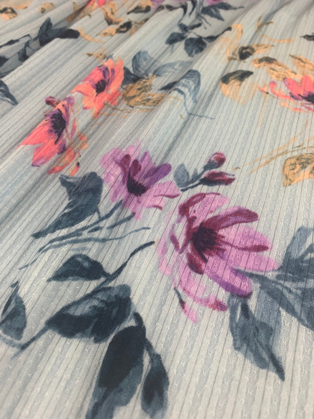 Pointelle Knit Fabric, Ribbed Knit, Purple/coral/blue Flowers With ...