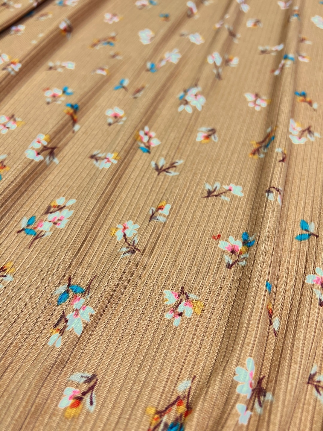 Rib Knit Fabric, Ditsy Pink/blue Floral Print W/ Light Brown Base, 4x2 ...