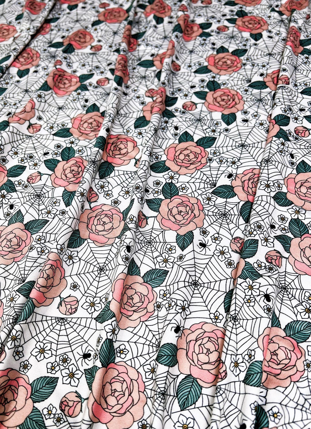Double Brushed Poly: Spiders and Cobwebs With Pink and White Flowers ...