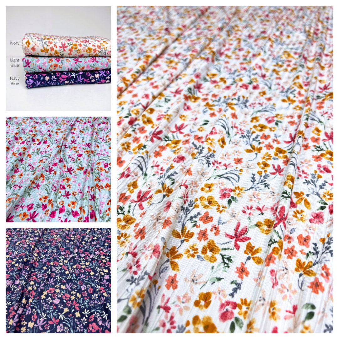 Rib Knit Fabric, 4x2 Rib, Colorful Wildflower Print, 3 Color Ways, Poly ...