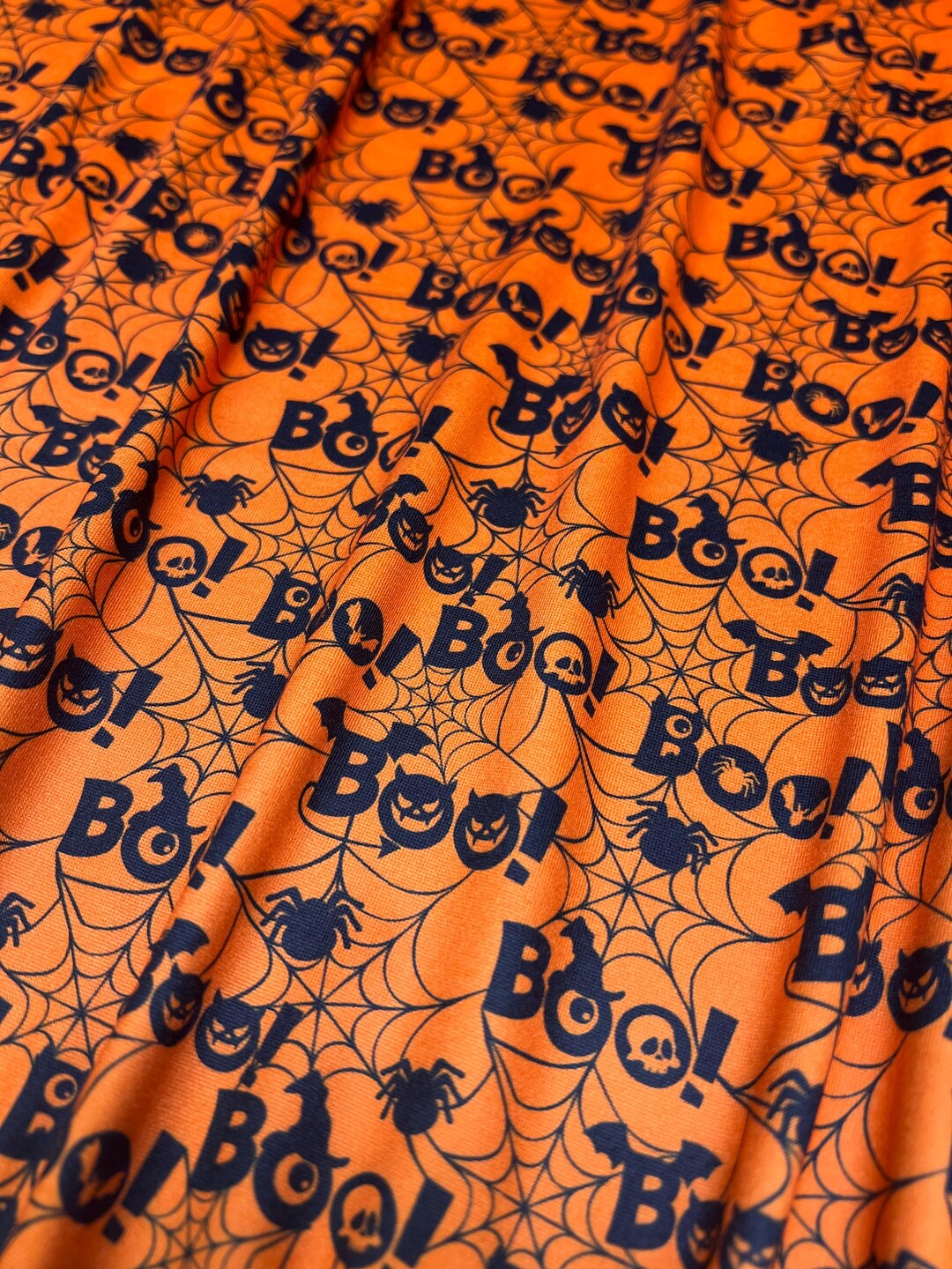 Double Brushed Poly, DBP Fabric, Spooky "boo!" Print on Orange Base ...