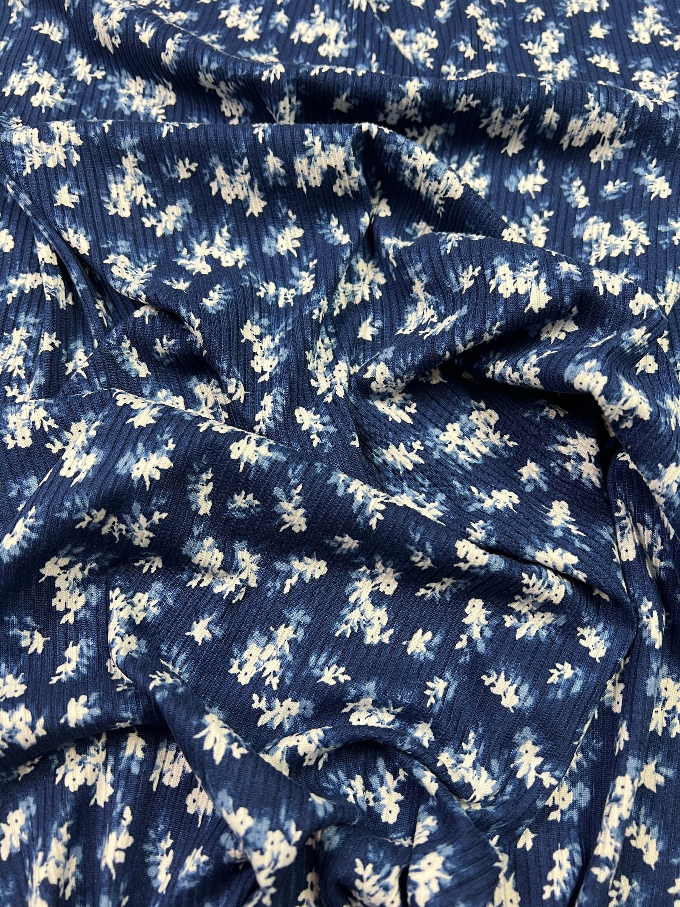 Ribbed Knit Fabric White and Blue Floral Print W/ Navy Base - Etsy