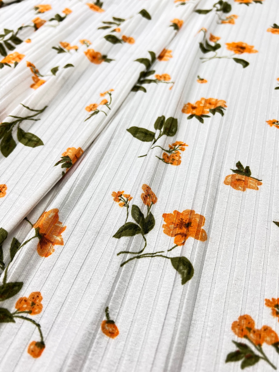 Ribbed Knit Fabric, Mustard Yellow Floral With Ivory Base, 8x3 Rib ...