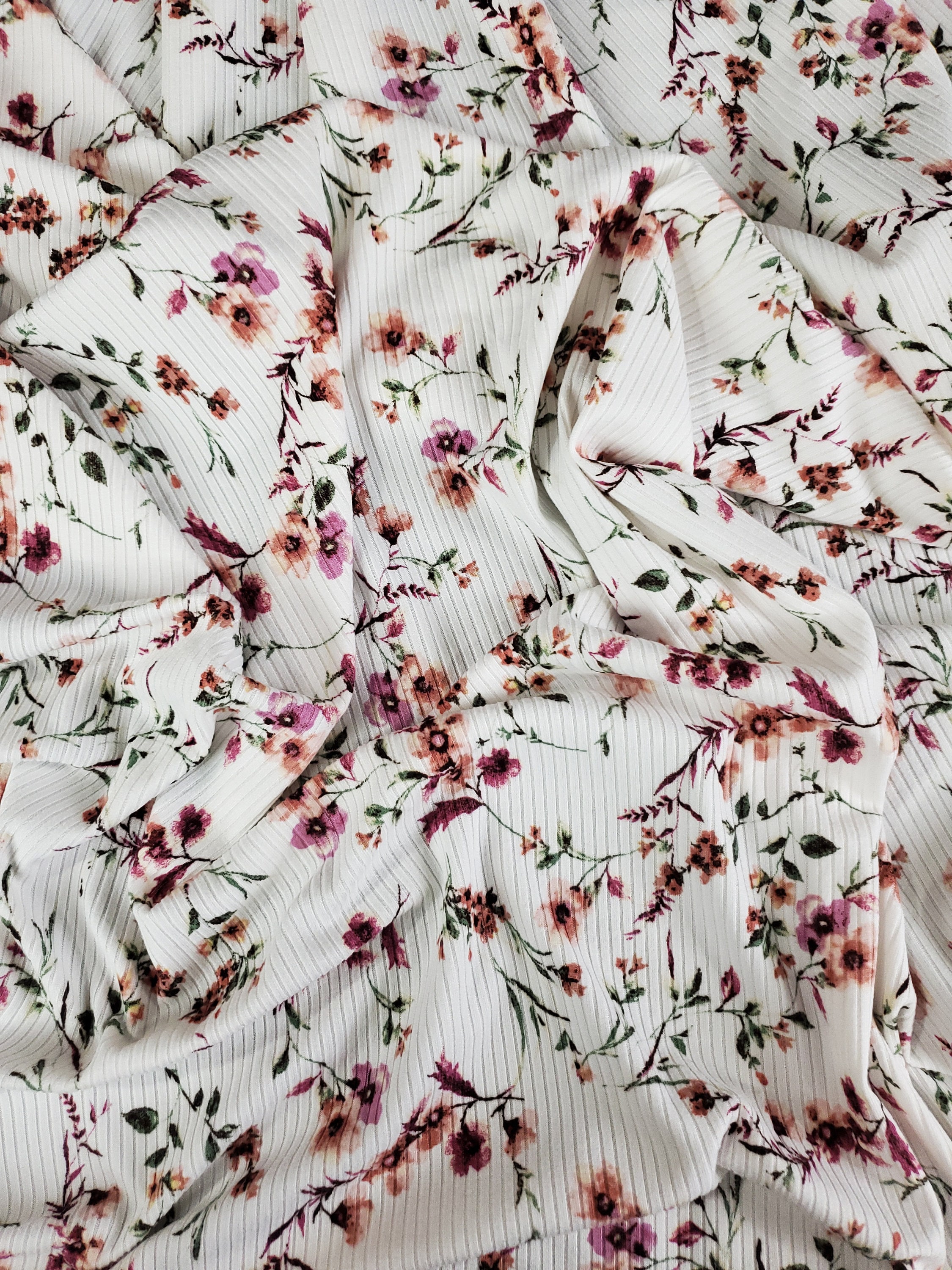 Rib Knit Fabric Scattered Pink Wildflowers With Ivory Base - Etsy