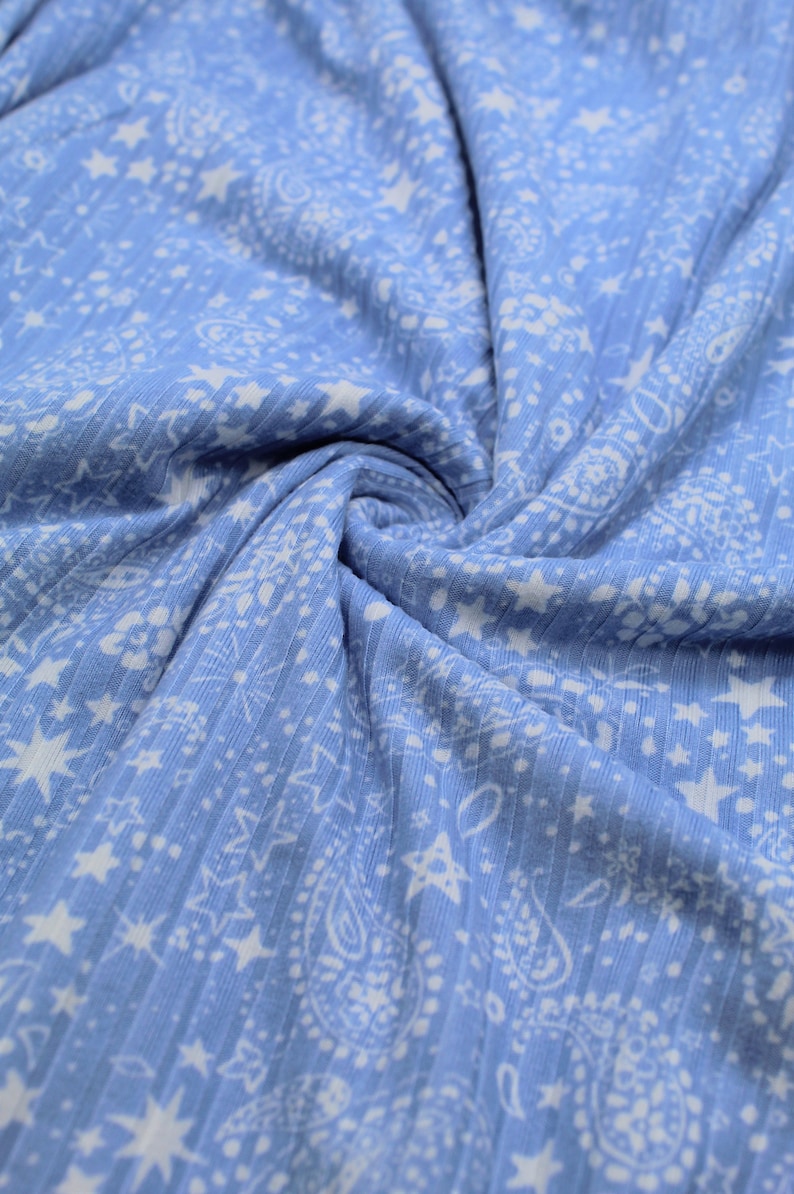 Ribbed Knit Fabric Sky Blue Paisley/bandana Print 8X3 Rib - Etsy