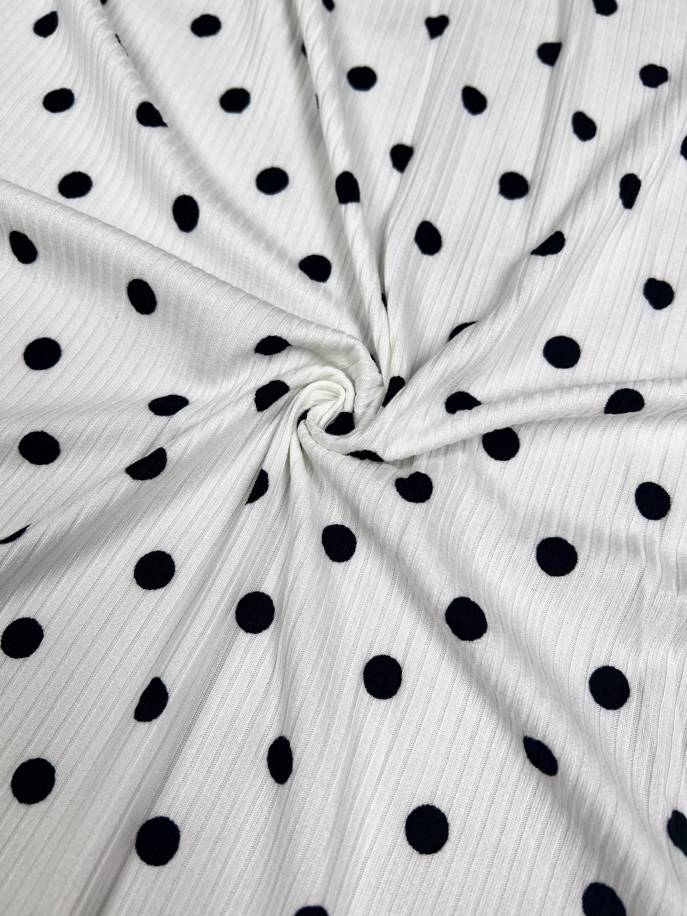 Ribbed Knit Fabric, White/black Polka Dot Print, 4x2 Rib, Poly Spandex ...