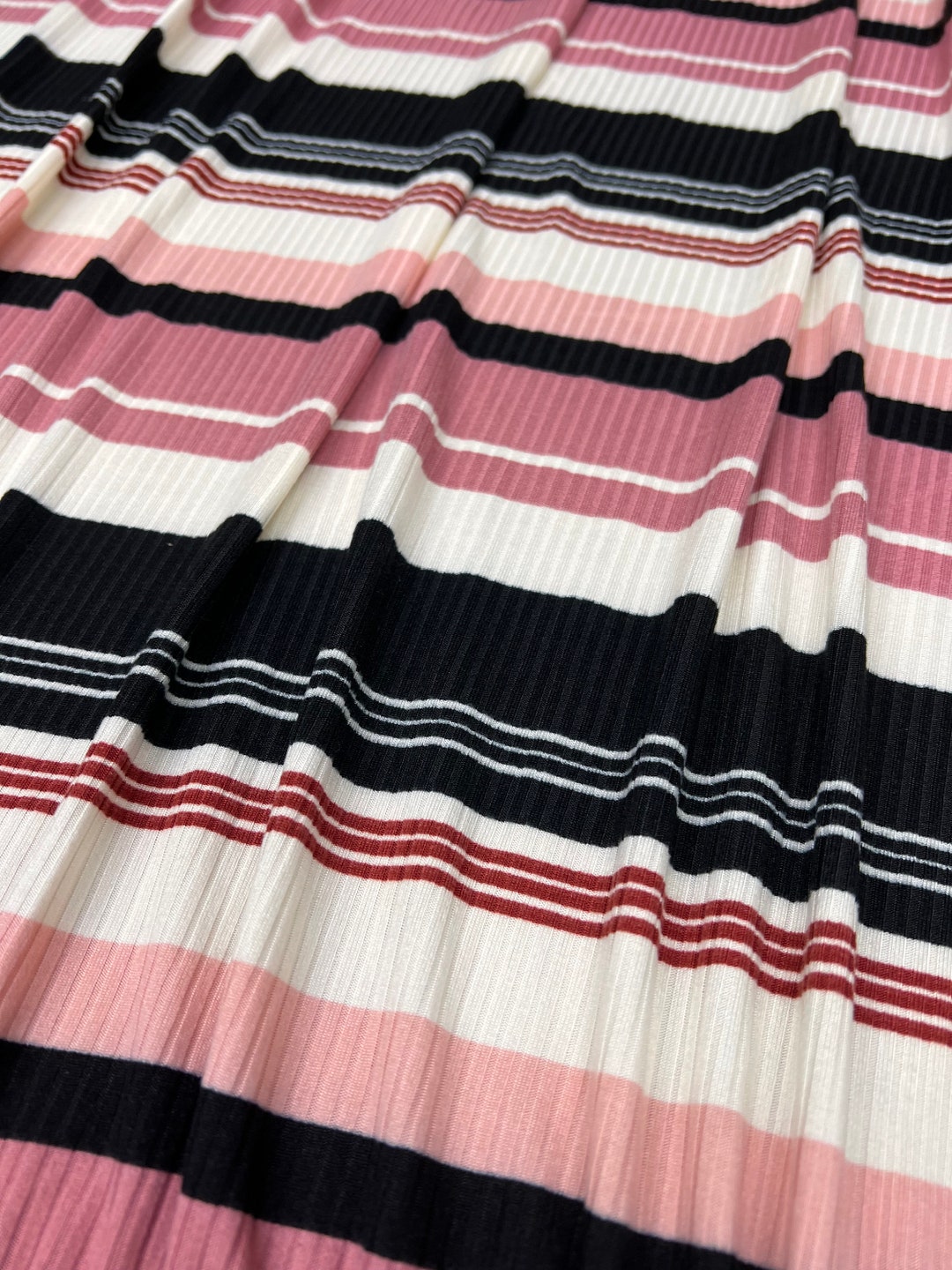 Rib Knit Fabric, Pink/burgundy/black/cream Variegated Stripes, 4x2 Rib ...