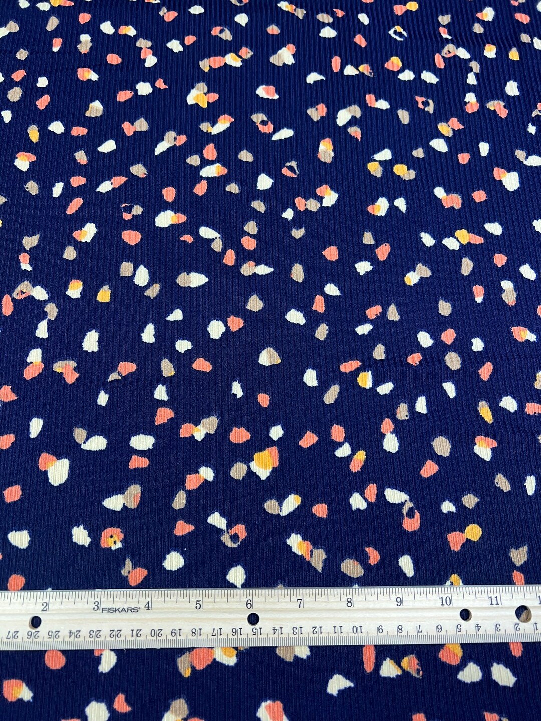 Rib Knit Fabric, Tan/orange Abstract Polka Dot Print W/ Navy Base, 4x2 ...