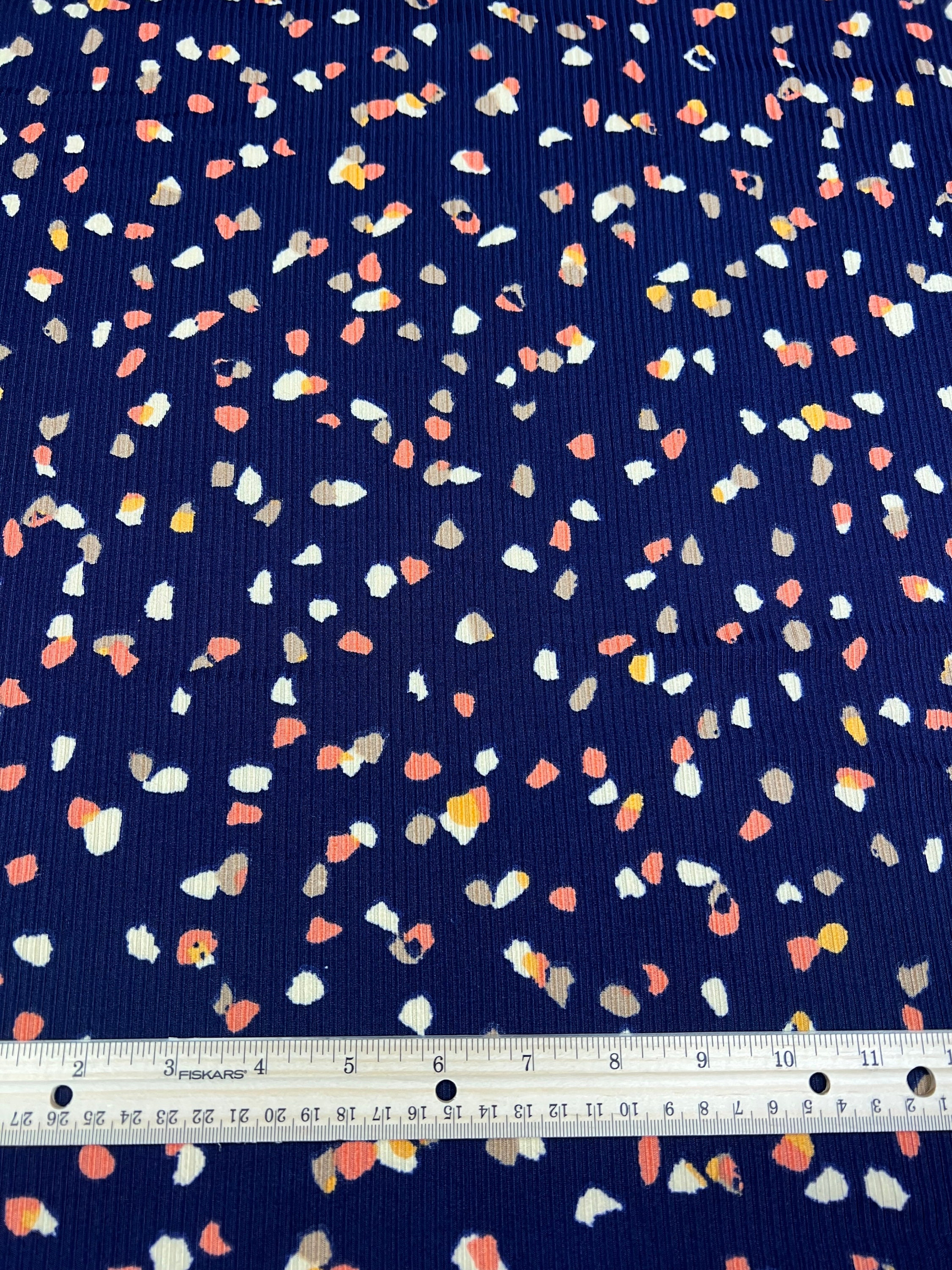 Rib Knit Fabric, Tan/orange Abstract Polka Dot Print W/ Navy Base, 4x2 ...