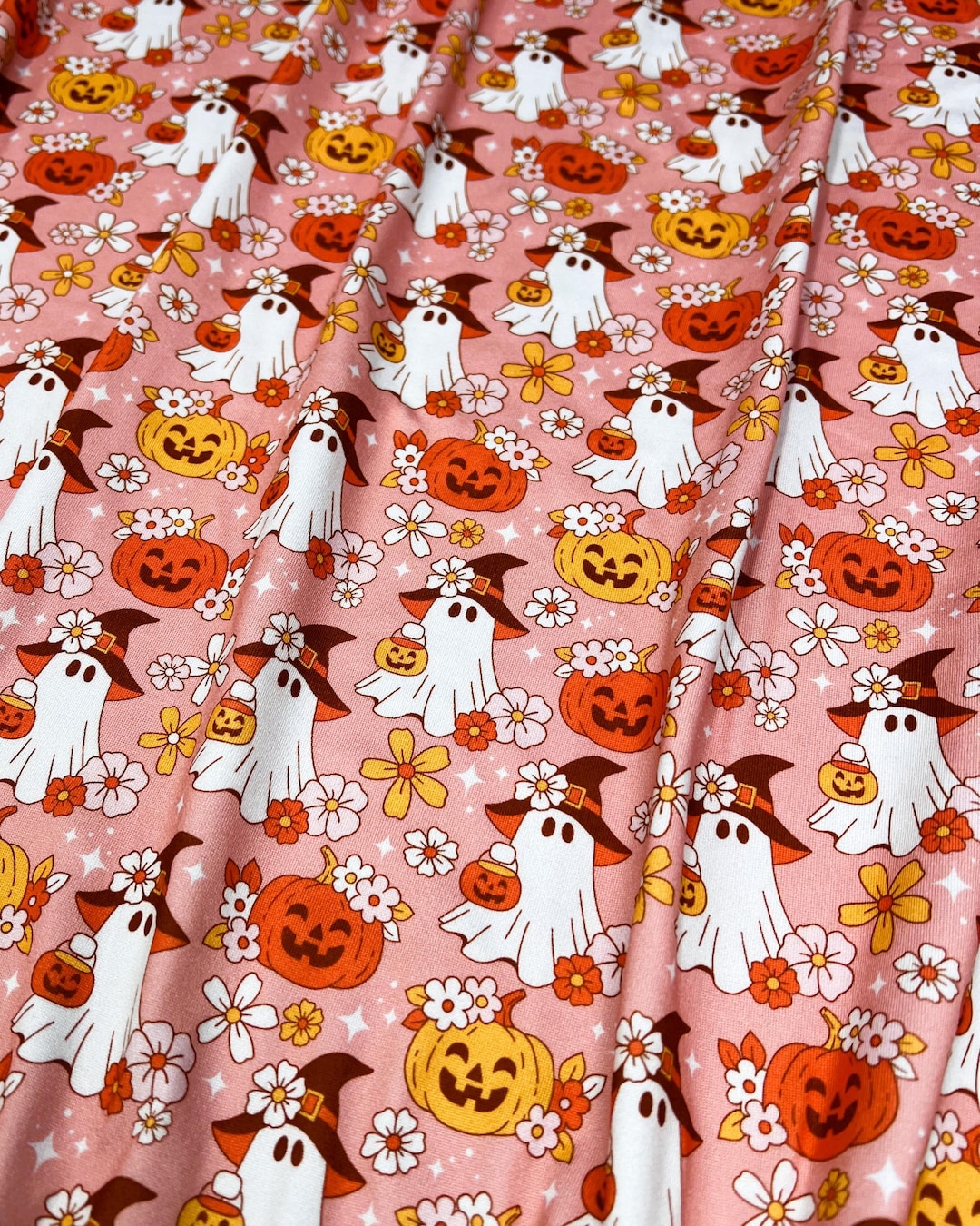 Double Brushed Poly, Retro Halloween Witchy Ghosts and Jack-o-lanters ...