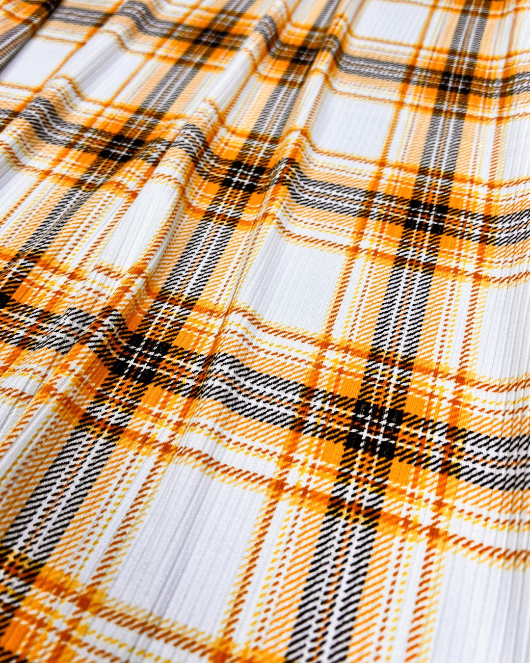 Rib Knit Fabric, Yellow/orange/dark Brown Plaid Print on Ivory Base ...