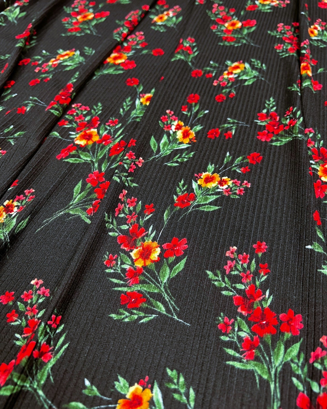 Rib Knit Fabric, Red/yellow/green Bouquet Floral Print on Black Base ...