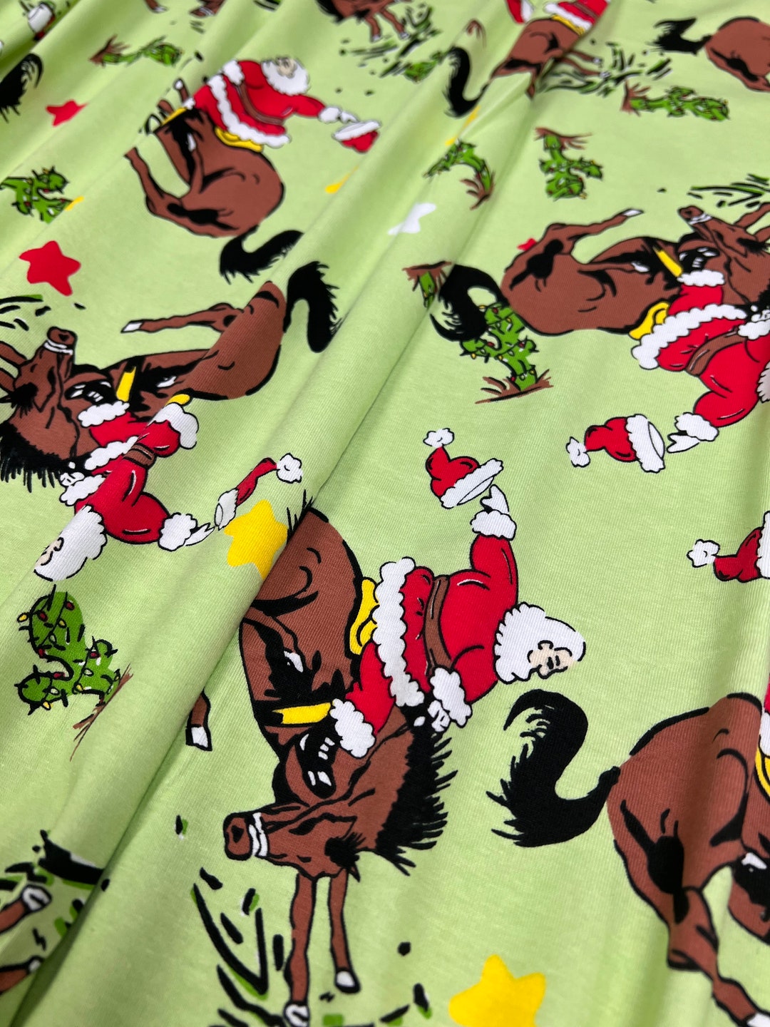Cotton Spandex Fabric, Jersey Knit, Christmas Santa Rodeo, Fabric by ...