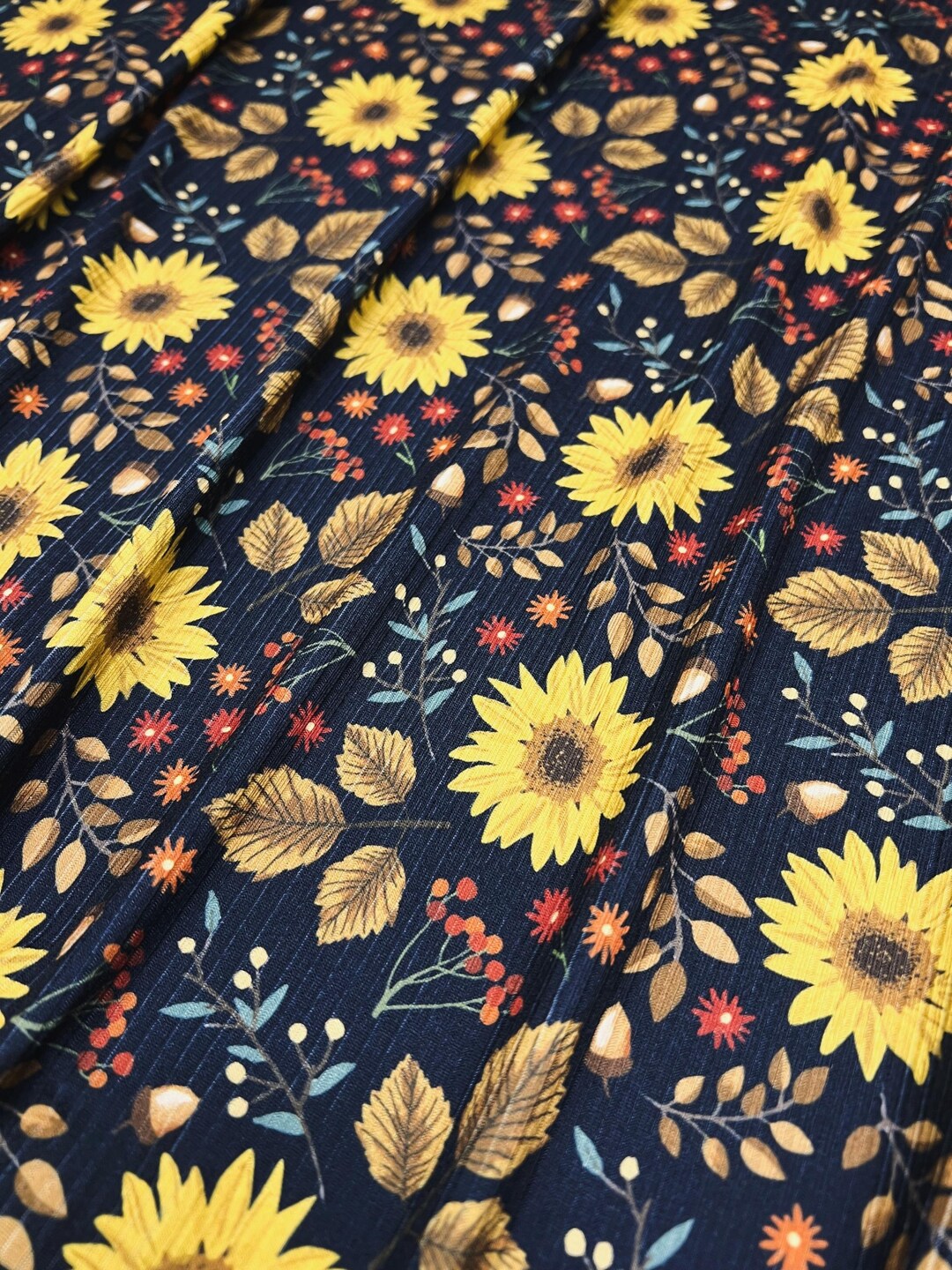 Rib Knit Fabric, 4x2 Rib, Sunflowers, Acorns, & Fall Foliage W/ Black ...