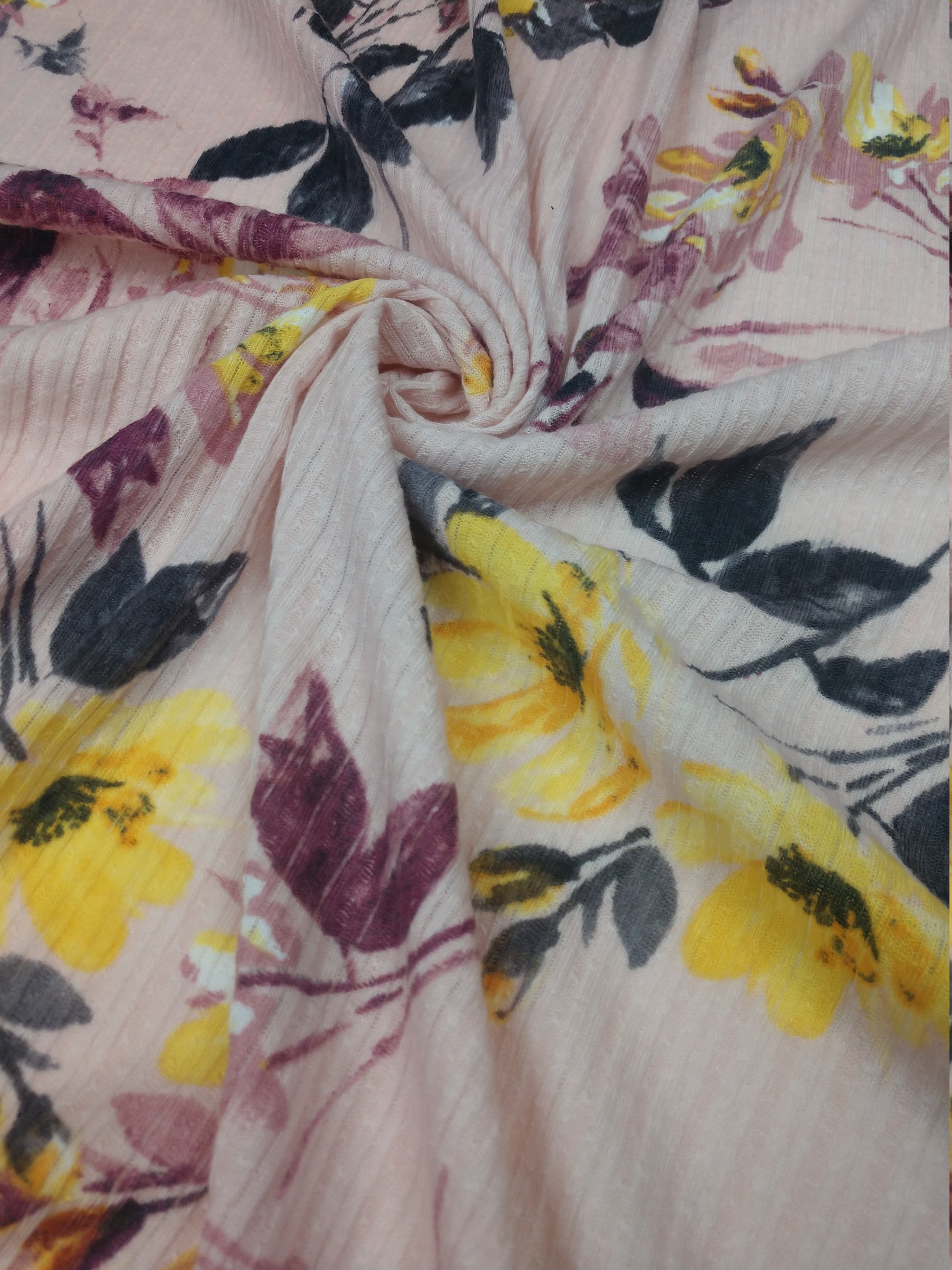 Pointelle Knit Fabric, Ribbed Knit, Yellow/purple Flowers and Pink Base ...