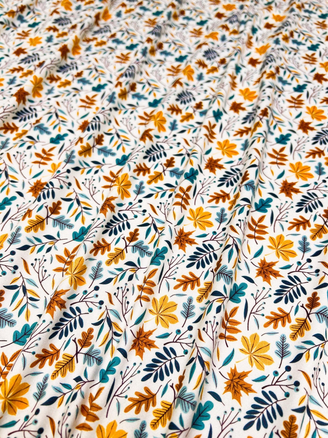 Double Brushed Poly, Falling Autumn Leaves, Orange, Yellow, Blue W ...