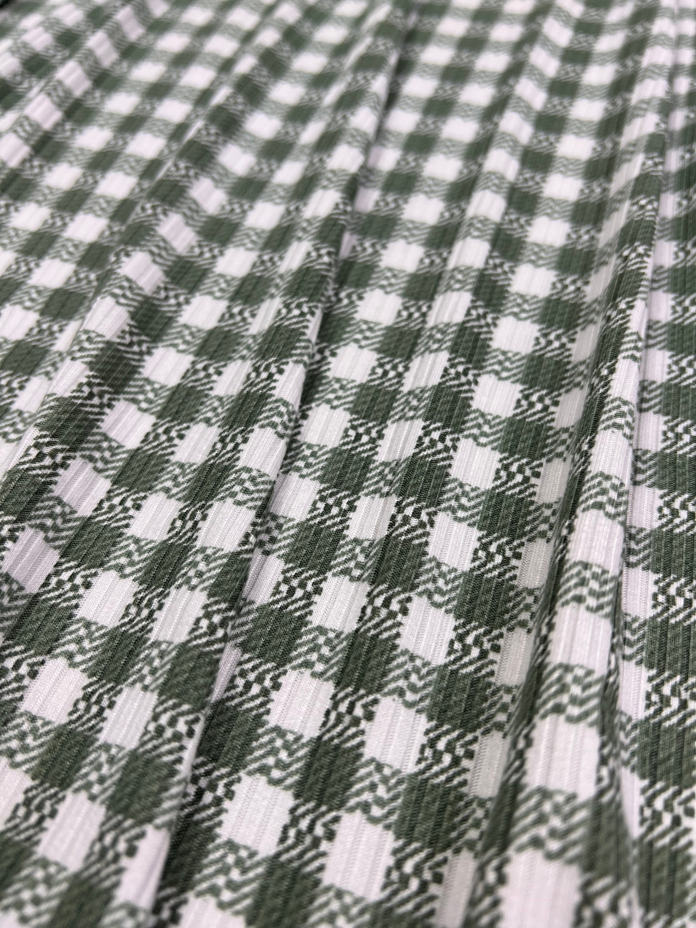 Rib Knit Fabric Sage/white Checkered Plaid Print 4x2 Rib - Etsy