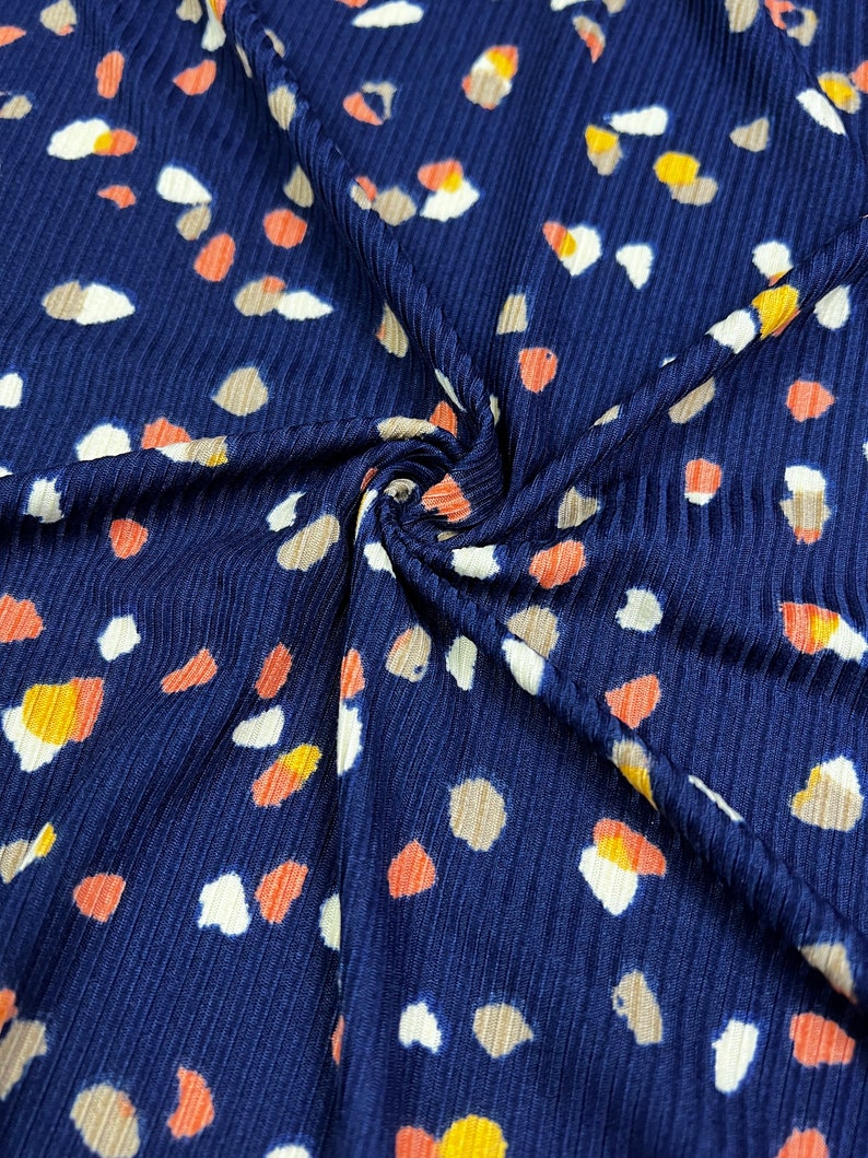 Rib Knit Fabric, Tan/orange Abstract Polka Dot Print W/ Navy Base, 4x2 ...