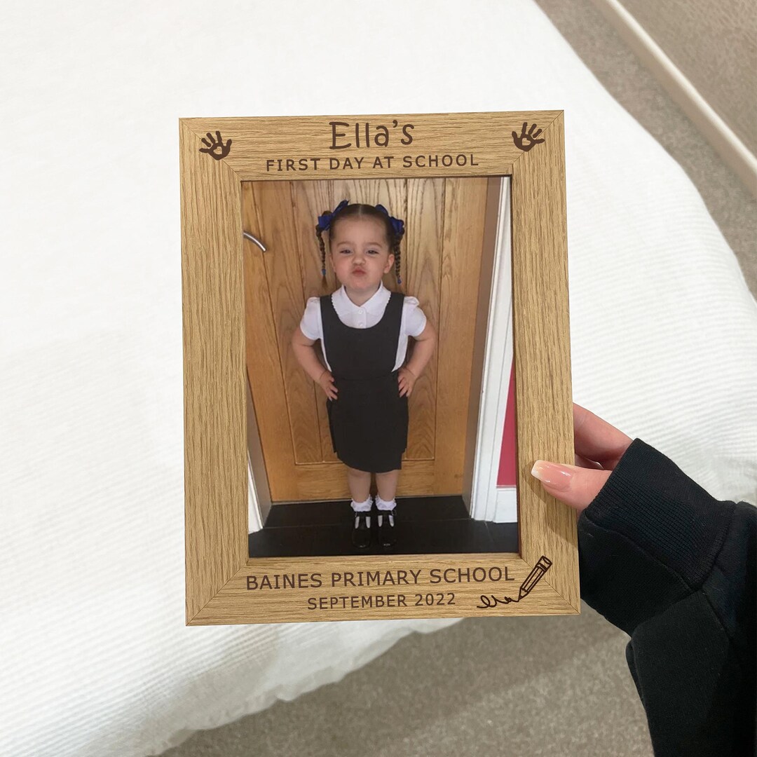 First Day of School Engraved Wooden Photo Frame, Personalised Back to ...