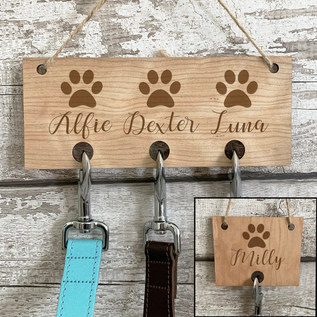 Personalised Dog Lead Holder - Engraved Wooden Leash Hook Custom Dog ...