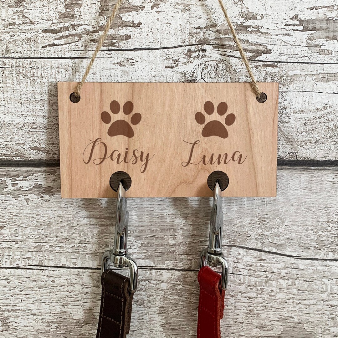 Personalised Dog Lead Holder - Engraved Wooden Leash Hook for Dog ...