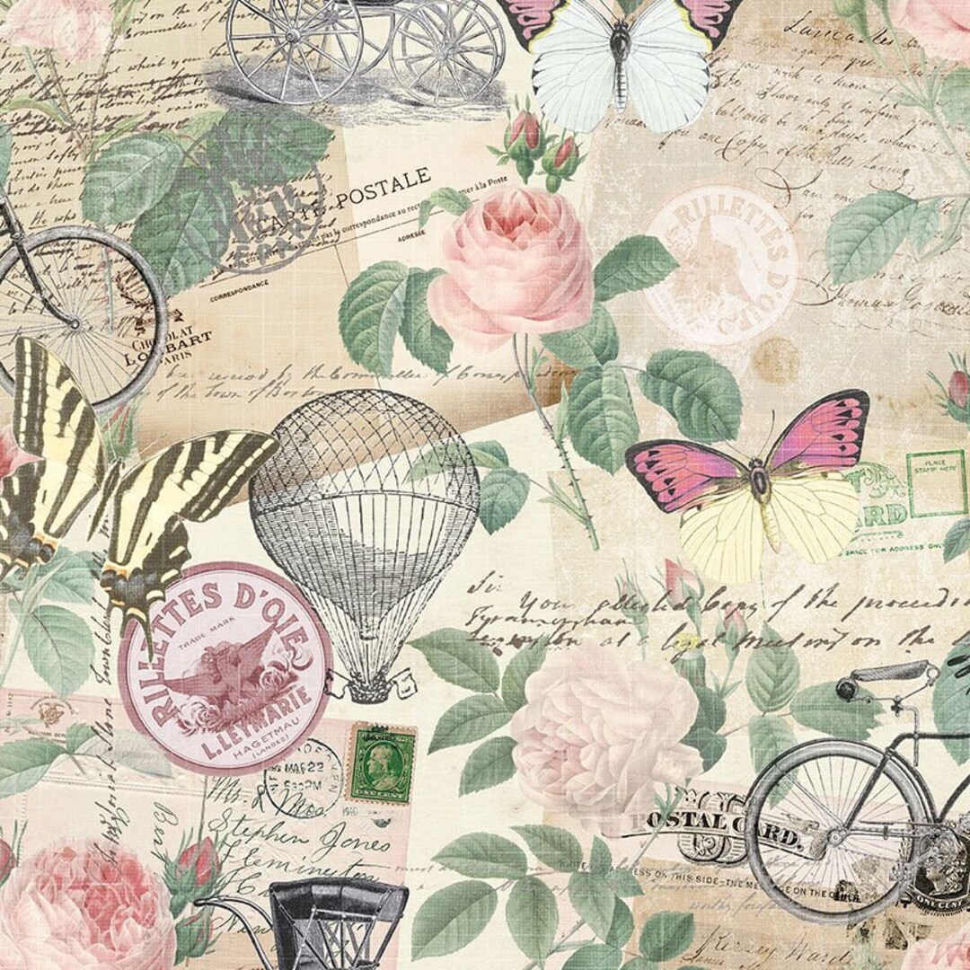 Jardin Postcard Collage Fabric by Timeless Treasures, Postal Script ...