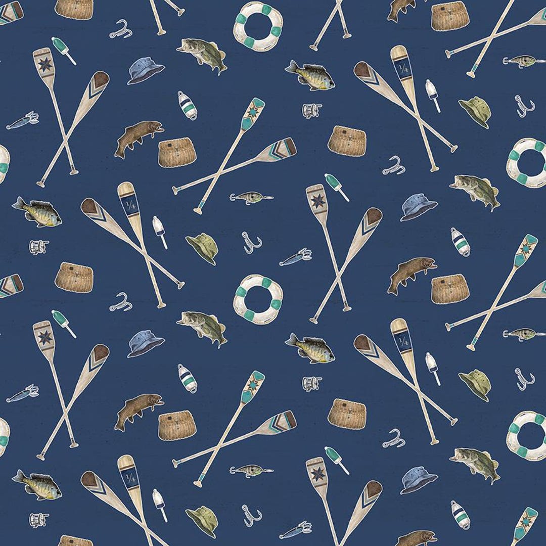 Wake at the Lake Icons Navy Blue Fabric by Riley Blake Designs, Cabin ...