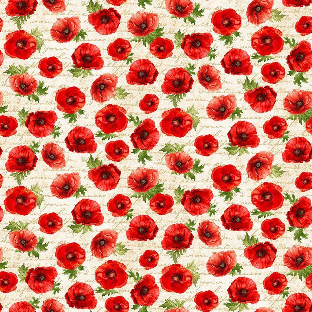 Poppy Passion Poppies on Script Fabric by Timeless Treasures, Red ...