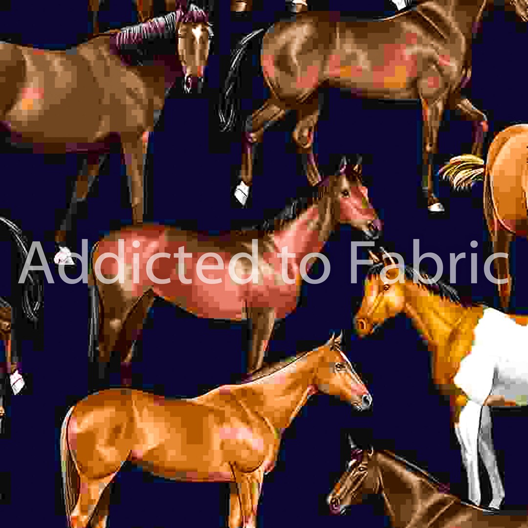 Horses on Navy Fabric by the Yard or Half Yard, Western Fabric, Farm ...