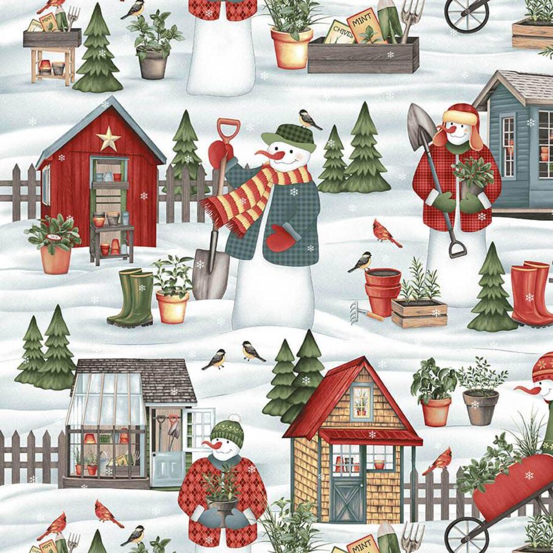 Gardening Snowmen Fabric by Henry Glass, LARGE Snowmen Allover, Winter ...