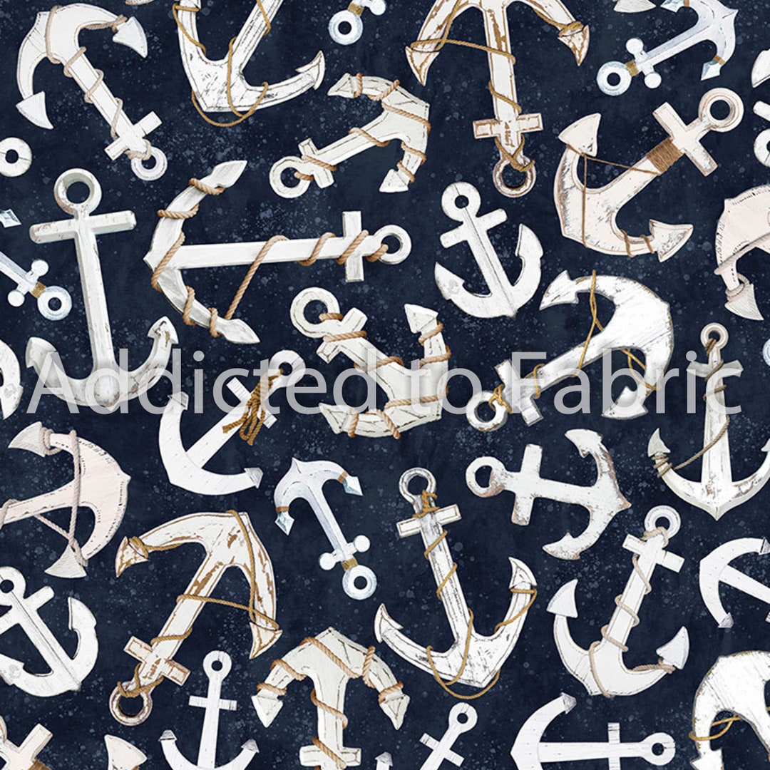 Welcome to the Beach Fabric by Timeless Treasures, Anchors, Navy Blue ...
